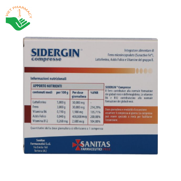 SIDERGIN® Compresse - Giúp bổ sung sắt, tăng cường sức đề kháng 30 viên